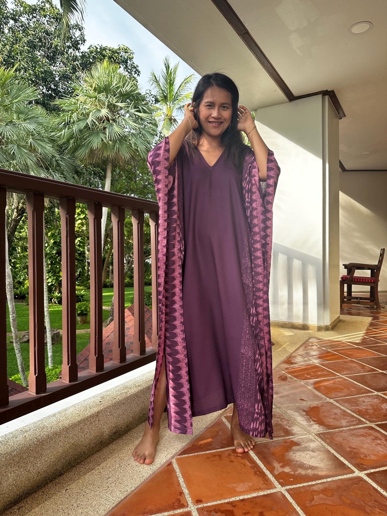 Luna Hand Screen Printed Kaftan in Eggplant – Mala Handworks